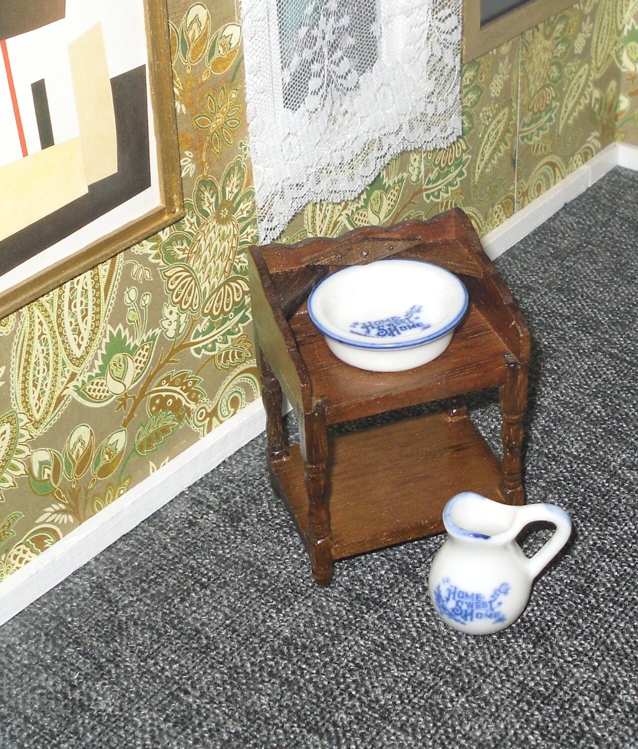 Miniature dollhouse vintage wooden wash stand with blue and white ...