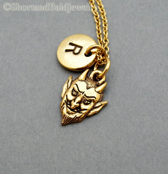 Devil face necklace Devil mask Devil necklace antique gold
