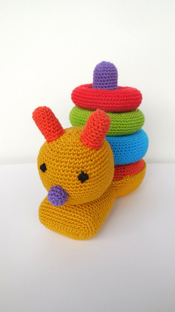 Items similar to Hand crocheted ring toy, colorful snail with rings ...