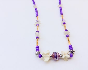 Bone jewelry, beaded animal bone necklace, bohemian gold and violet ...