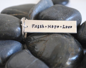 Faith Hope Love Hand Stamped Aluminum Keychain with Swivel Lobster Claw