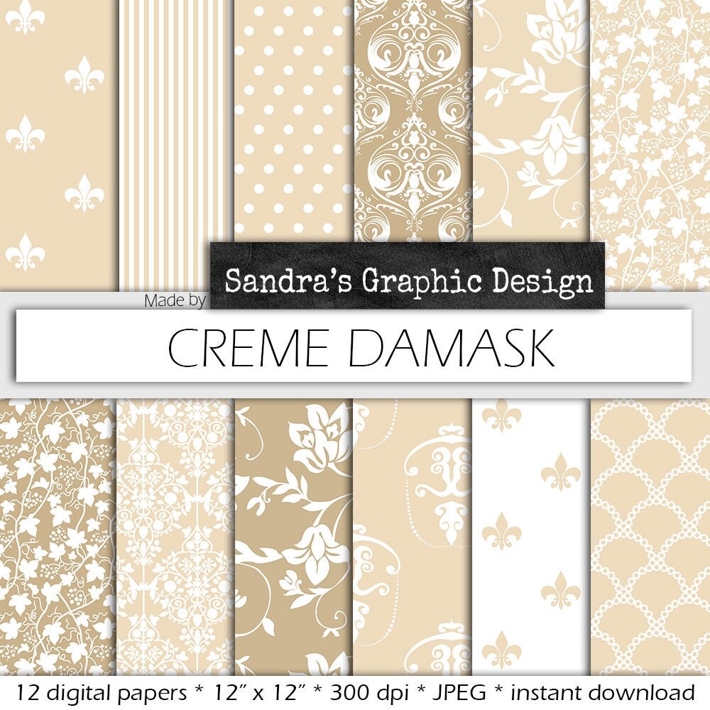 Cream digital paper: “CREAM DAMASK” with various damask pattern ...