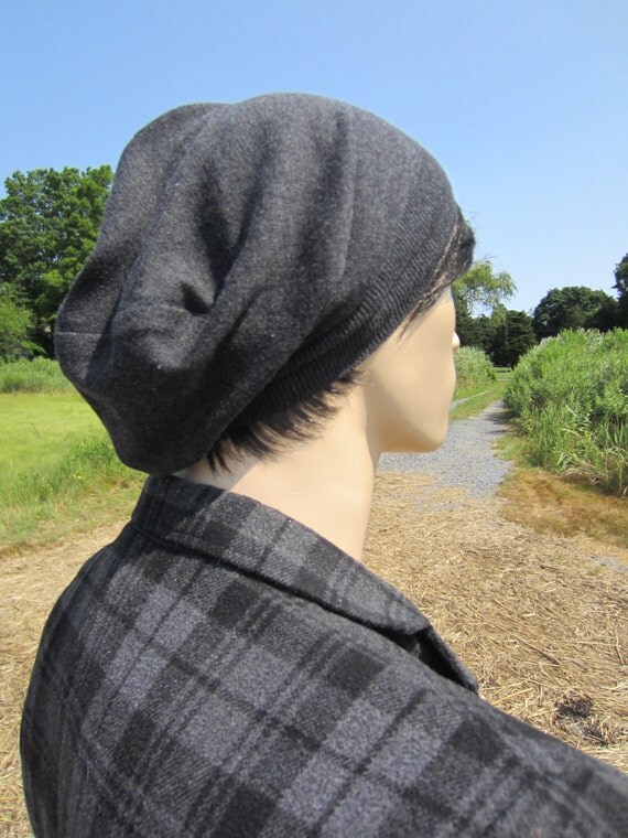 Lightweight Merino Wool Mens Knit Hat Gray Slouchy Beanie Hat