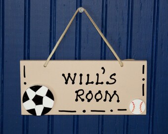 SPORT Room Sign Football and Baseball Hand Personalized Tan.