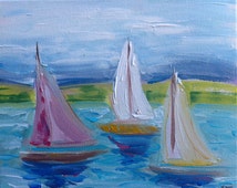 Abstract Sailboats Painting Canvas pink lime small