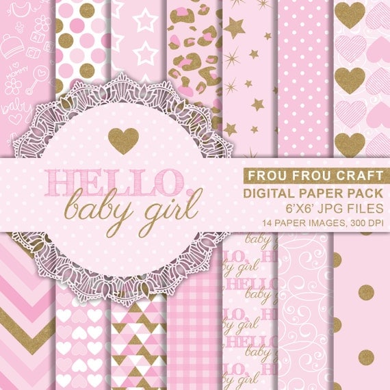 Baby Girl Digital Paper Pack Instant Download Pink Hello