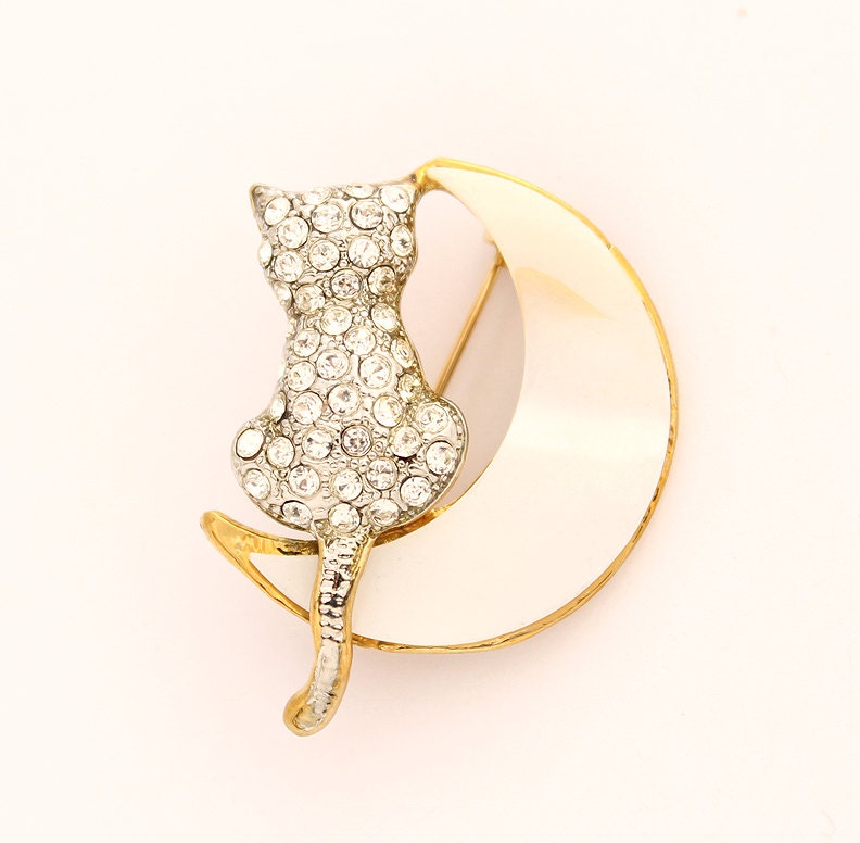 Cat Brooch Crystal Silver Gold Cat Moon Broach Cat Brooches Vintage ...