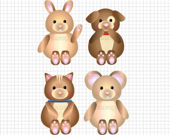 Cute Animal Clip Art- Dog, Cat, Bunny and Mouse With Bows and Balloons