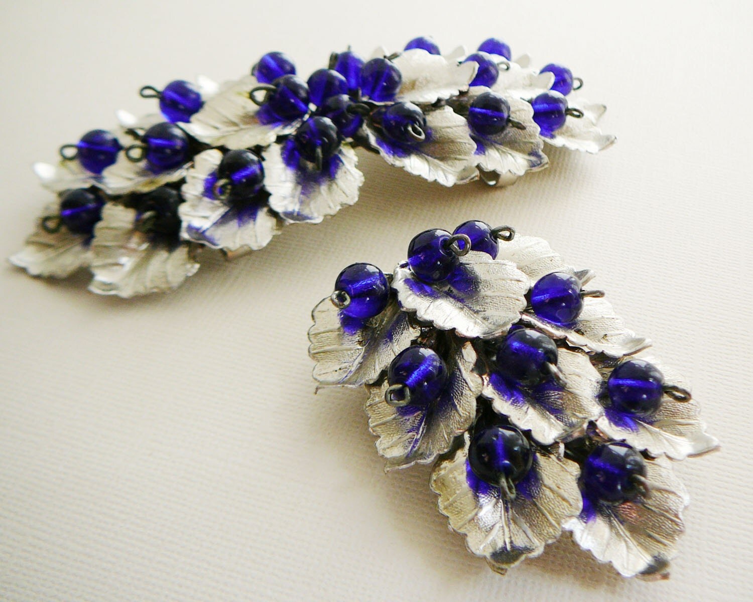 Vintage .. Leaf Buckle and Dress Clip set, cobalt blue glass, 2 Part ...