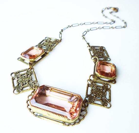 Art Deco Necklace Pink Glass Filigree Gold Tone By Zephyrvintage