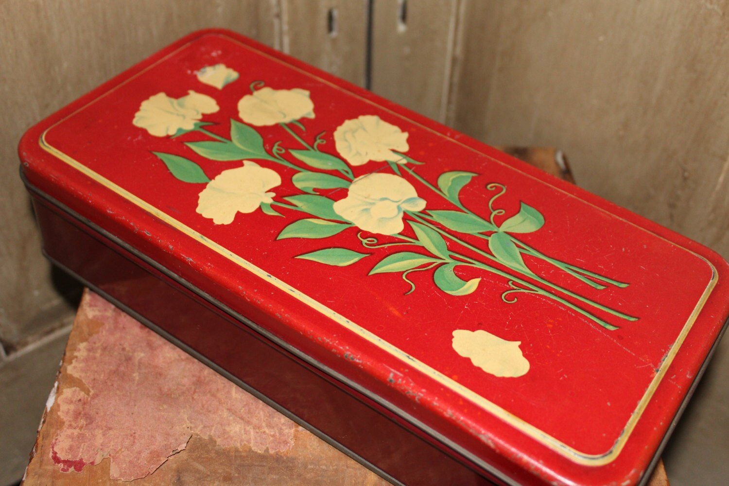 Antique Metal Sewing Tin, Red Metal Bin, Vintage Notions , Rick-rack ...