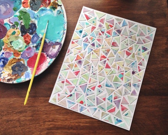 Items similar to 5x7" Hand cut Geometric Triangle Mosaic on Watercolor ...