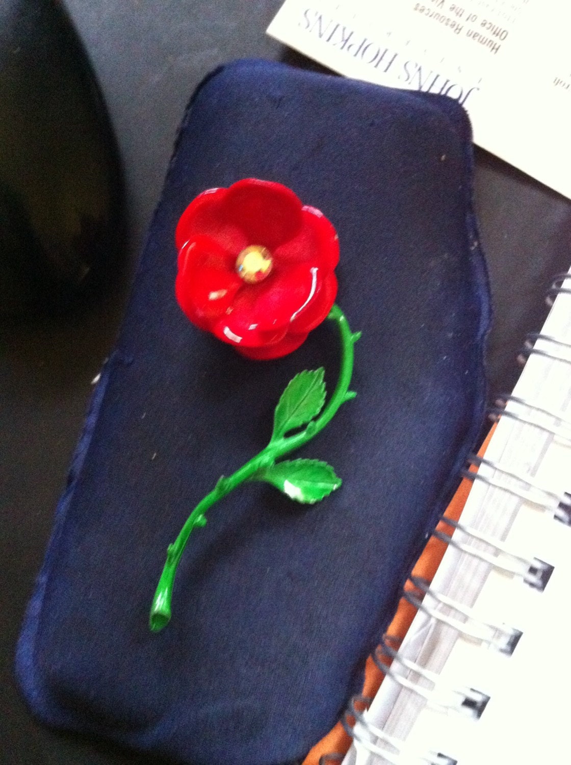 Red Rose Pin with green Leaf Leaves Enamel Red rose center Aura Stone ...