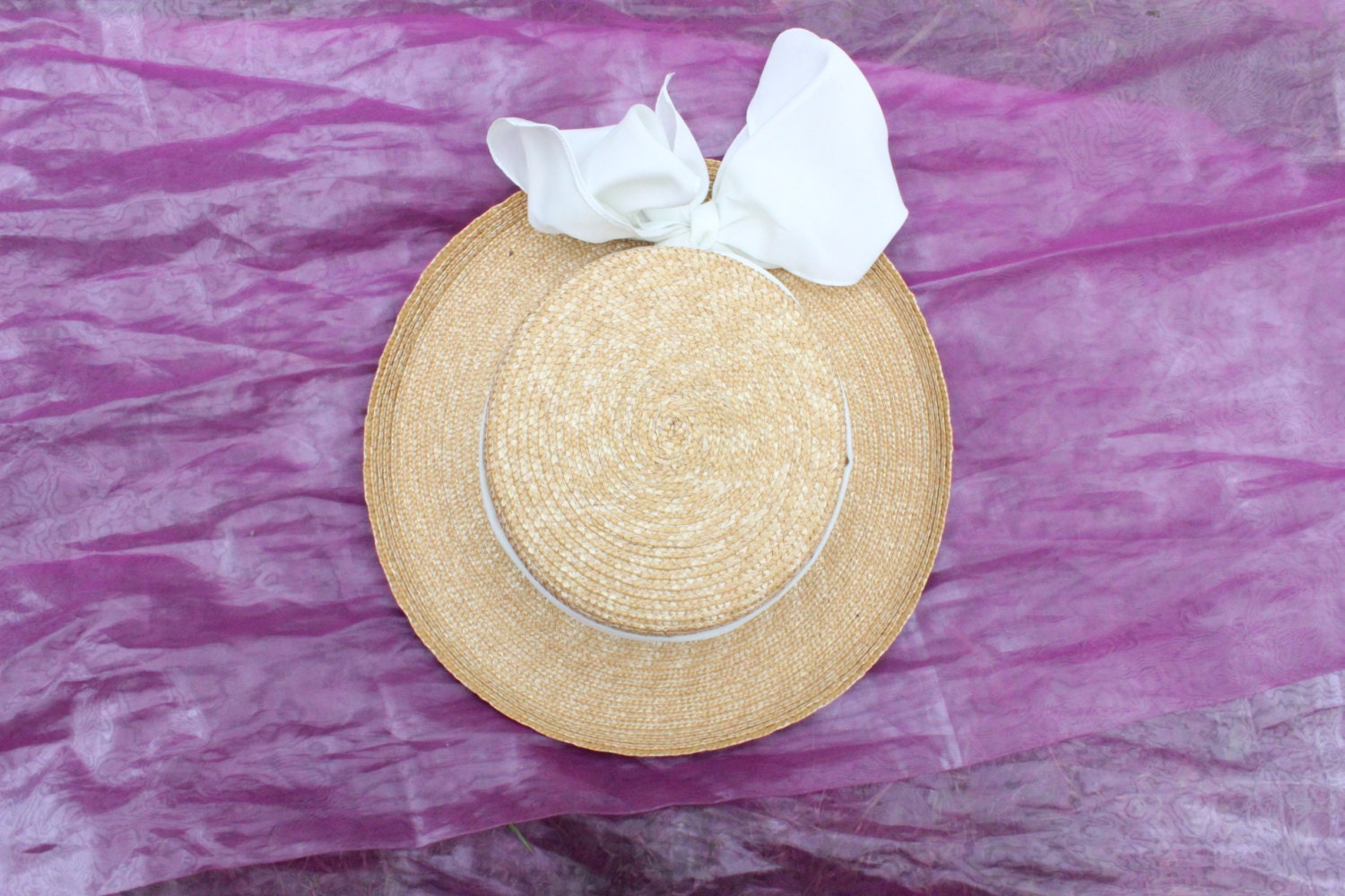 80s Straw Boater with Big White Bow