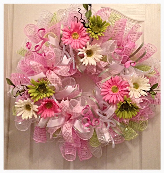 Pink Daisy Deco Mesh Wreath Spring Wreath Easter Wreath Pink