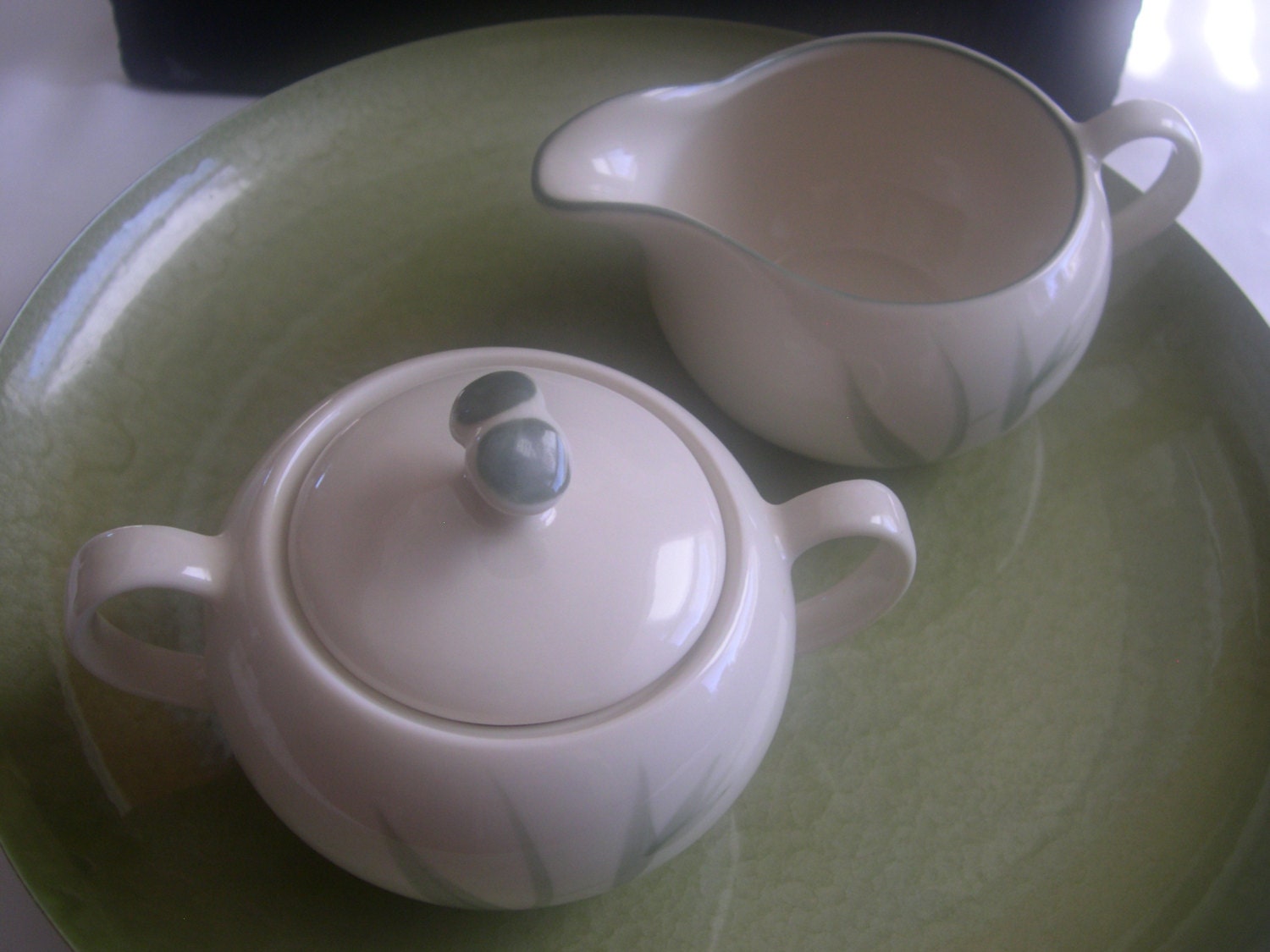 GREEN BAMBOO Cream & Sugar Winfield Ware Pottery Set Vintage 1940s ...