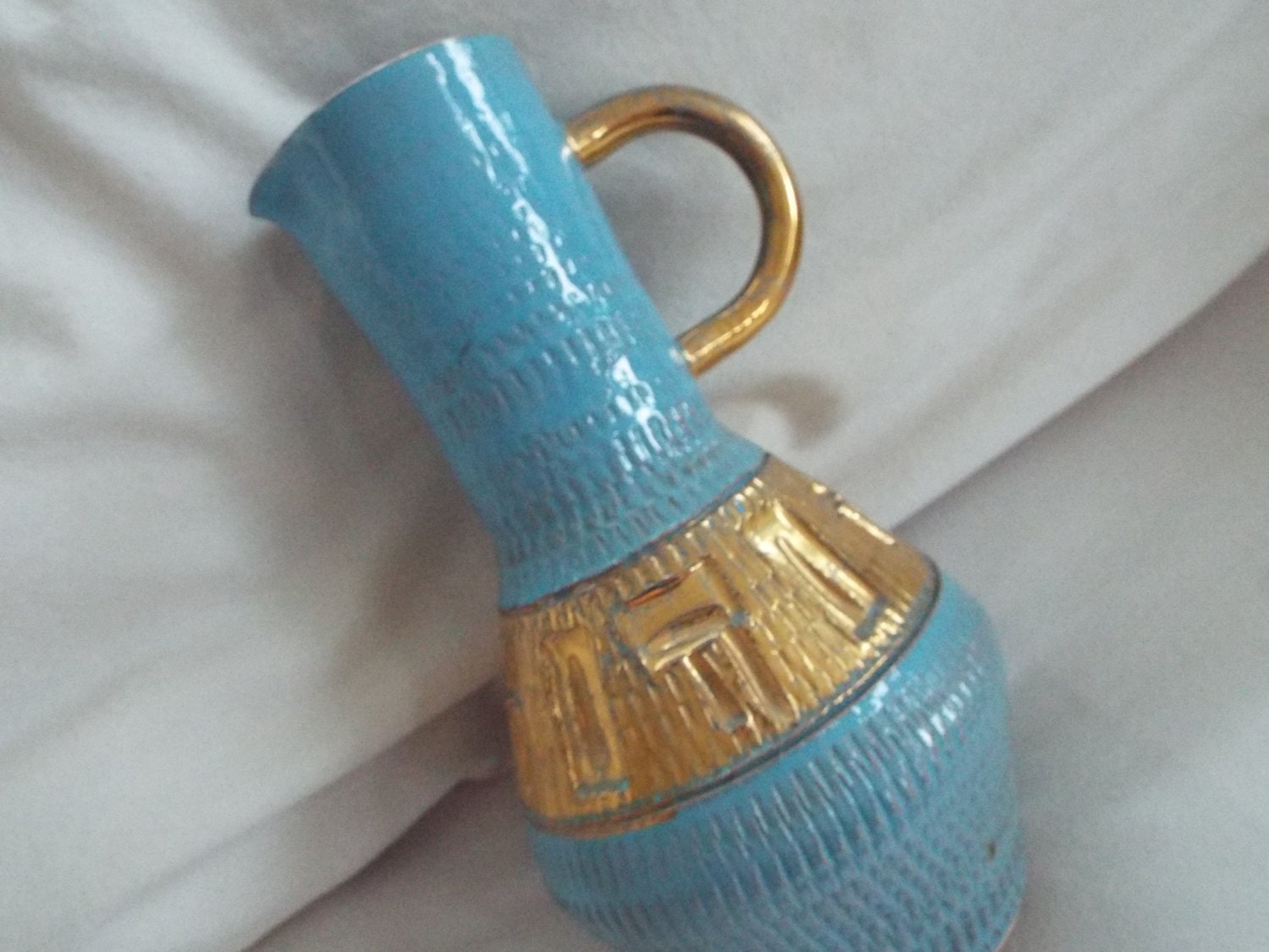 mid century Italian studio pottery turquoise gold pitcher vase – Haute ...