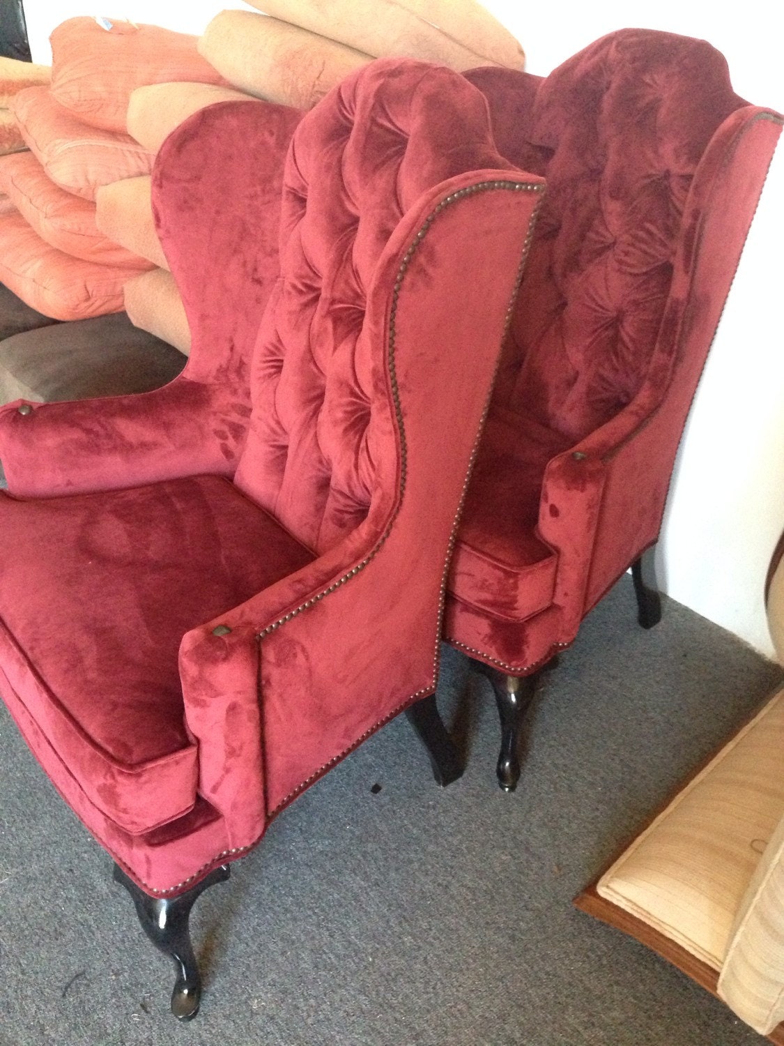 Sold- Marsala Velvet with Tufting and Bronze Nailheads Vintage Wing ...