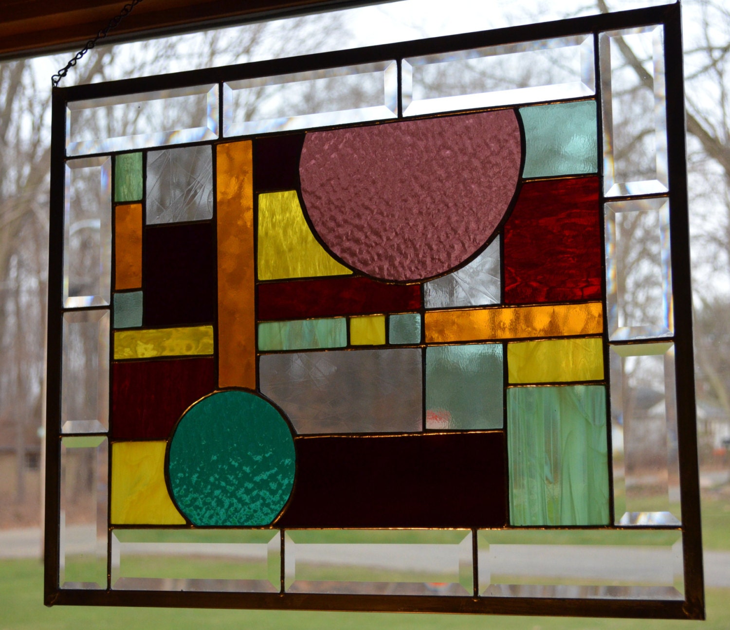 Large Handmade Stained Glass Panel Geometric by SerbicGlassDesign