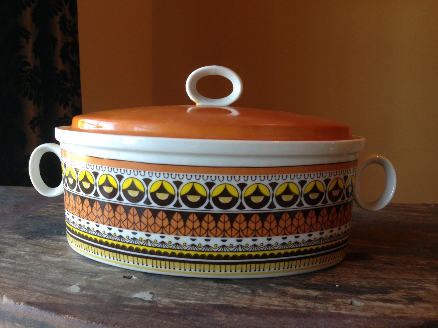 Vintage Covered Dish 1960s MOD Ceramic Serving Dish Orange Yellow Brown ...