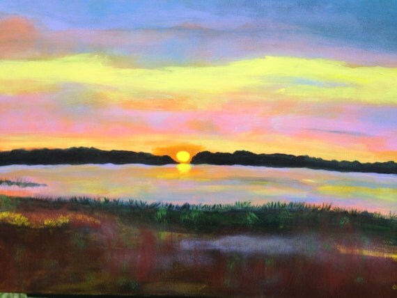 SUNSET LAKE original abstract large acrylic by TheMarchOfTime