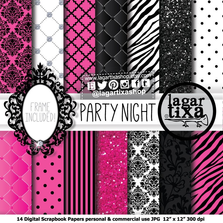 Hot Pink and Black Digital Papers damask lace stripes