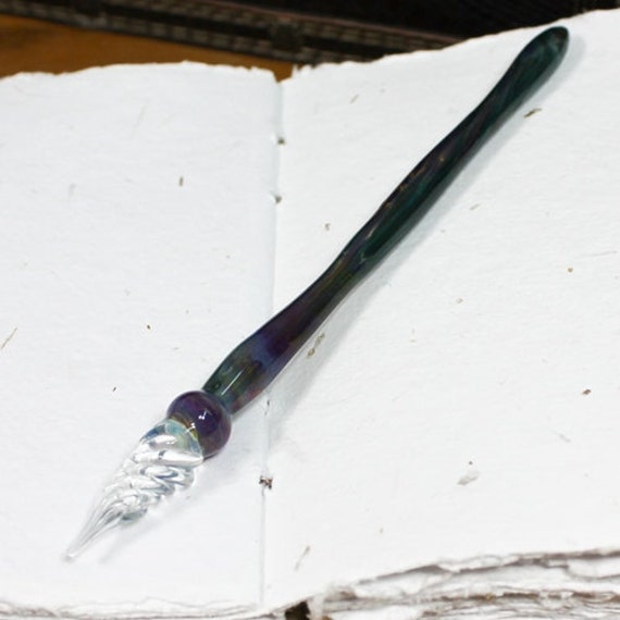 Hand Blown Glass Dip Pen Blue And Green Marble
