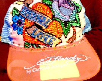 Rare, One-of-a-Kind Swarovski Rhinestone ed Hardy Visor Snapback Hat Cap
