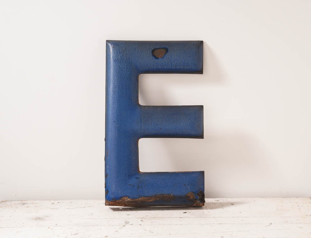 Large Vintage Letter E Speckled Blue Metal Porcelain Enamel: