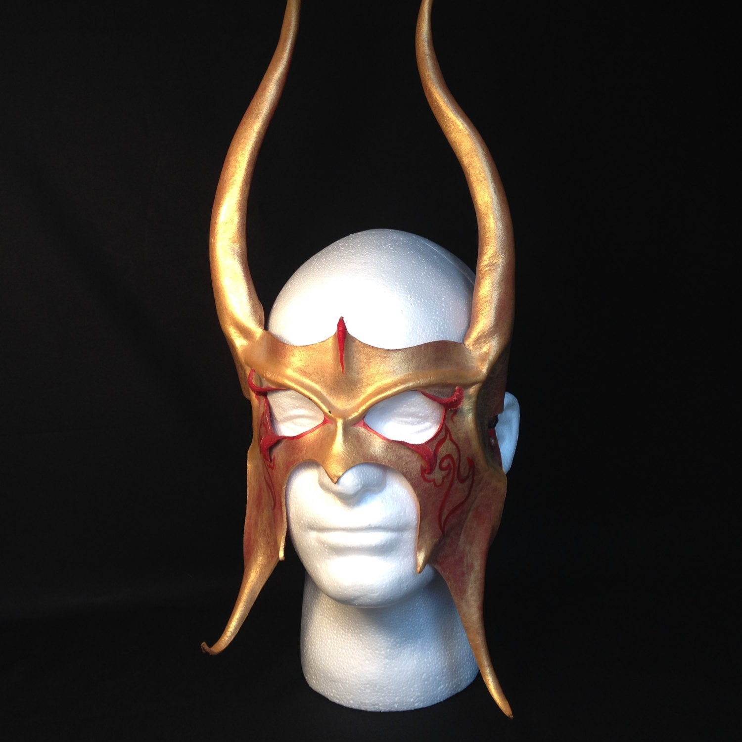 Red Gold Leather Viking Mask Thor Costume Loki Horns Viking