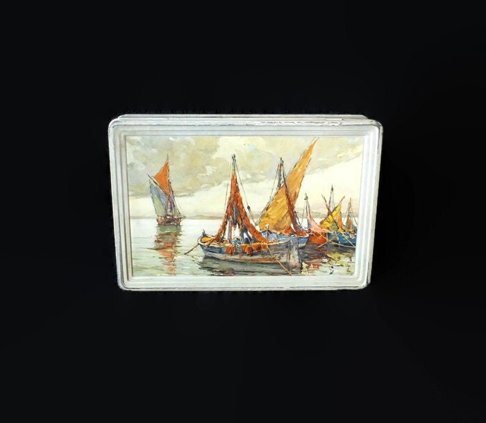 Ship Scene Tin Box, Vintage Marina Nautical Beach Decor, Metal Storage ...