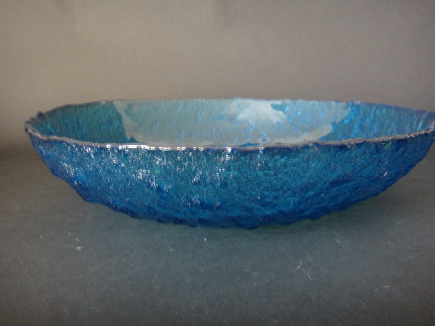 Vintage Retro Mid Century Blue Crinkle Glass 12″ Centerpiece Serving ...