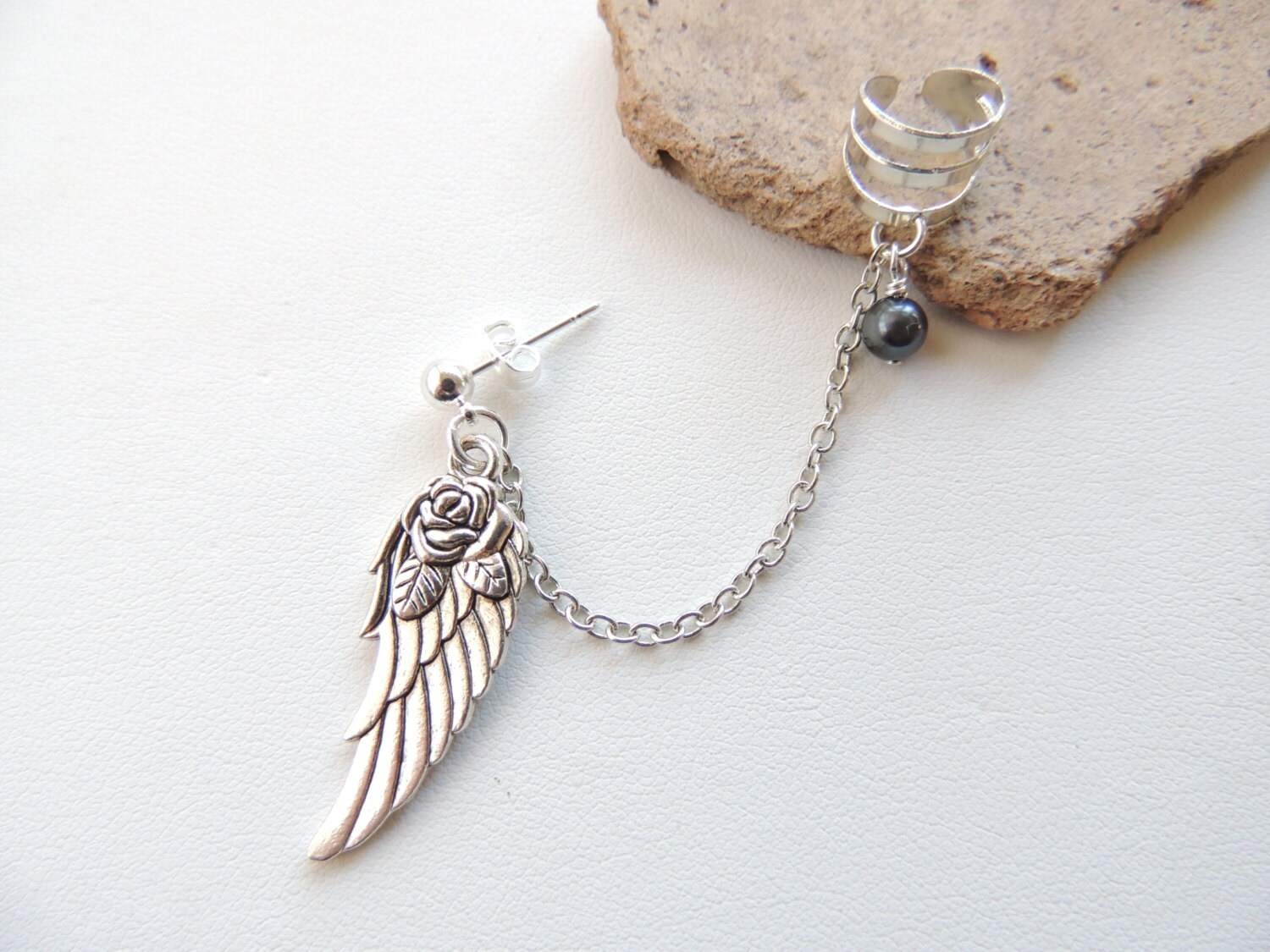 Angel Wing Ear Cuff with Chain and Earring Dangle Ear Cuff
