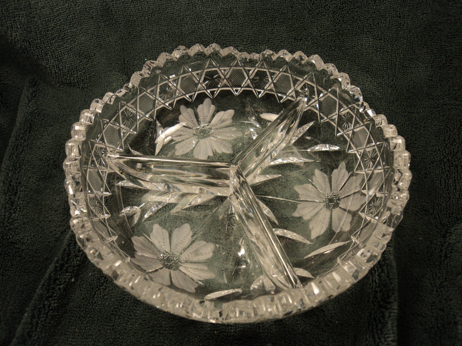 Vintage Glass Etched Flower Divided Mint Nut Dish Haute Juice