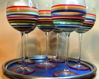 Six Hand Painted Vintage Wine Glasses on Blue and Aluminum Tray