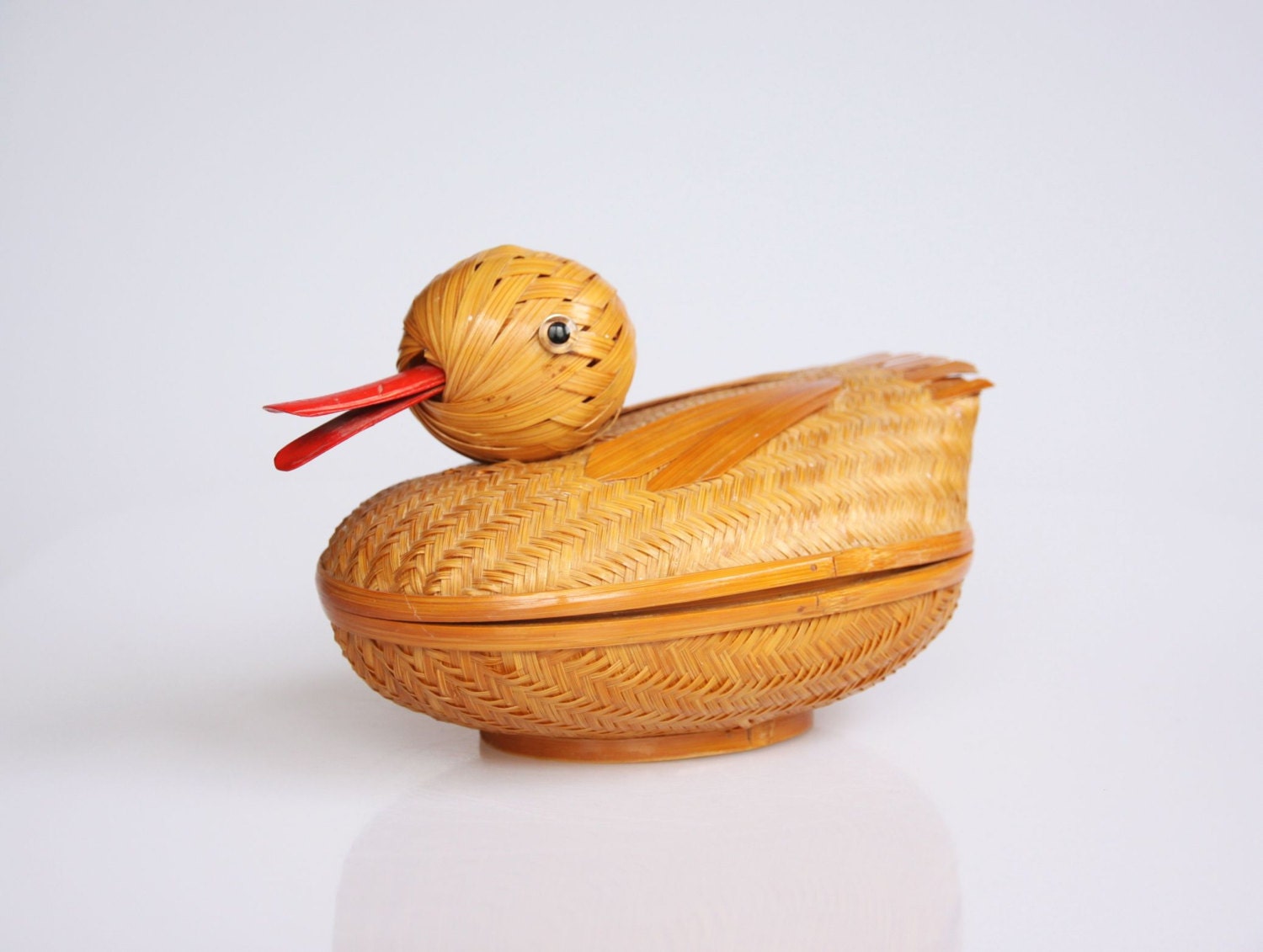 1970s wicker duck box, vintage bird decor, retro wicker basket, duck ...