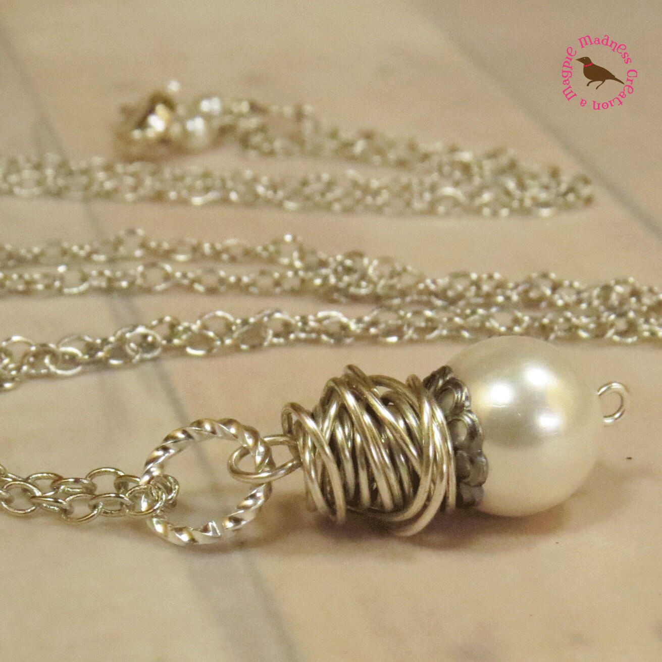 White Pearl Necklace Messy Wire Wrapped Pearl Pendant