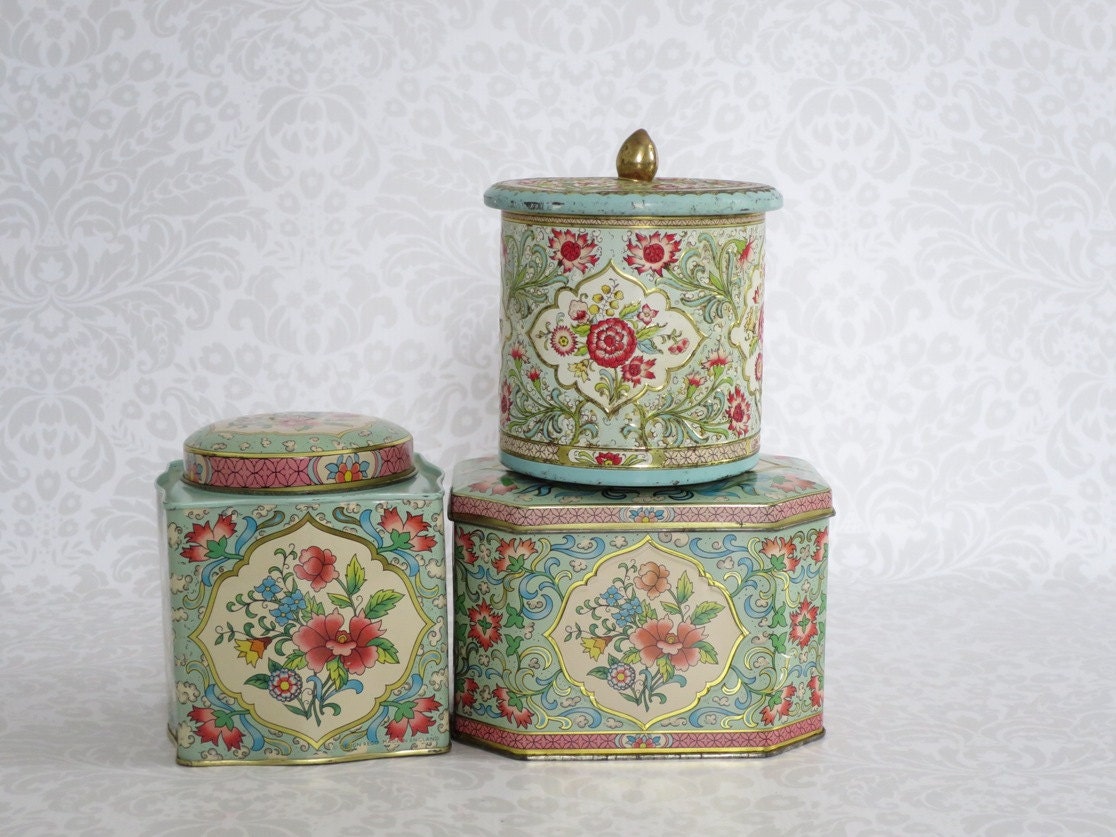 Holland Floral Embossed Tins – Vintage Turquoise and Pink Floral Tins ...