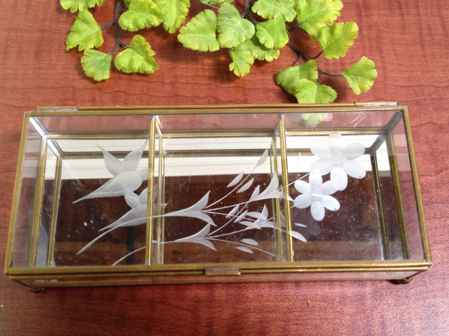 Vintage Glass and Brass Display Box with Three Sections Etched with ...