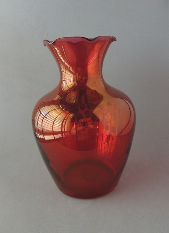 Hand Painted Vase Flower Vase Red Glass Fluted Edges Ruby