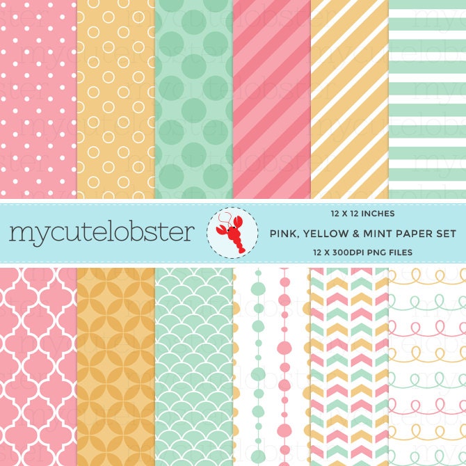 Pink Yellow Mint Digital Paper patterned by mycutelobsterdesigns