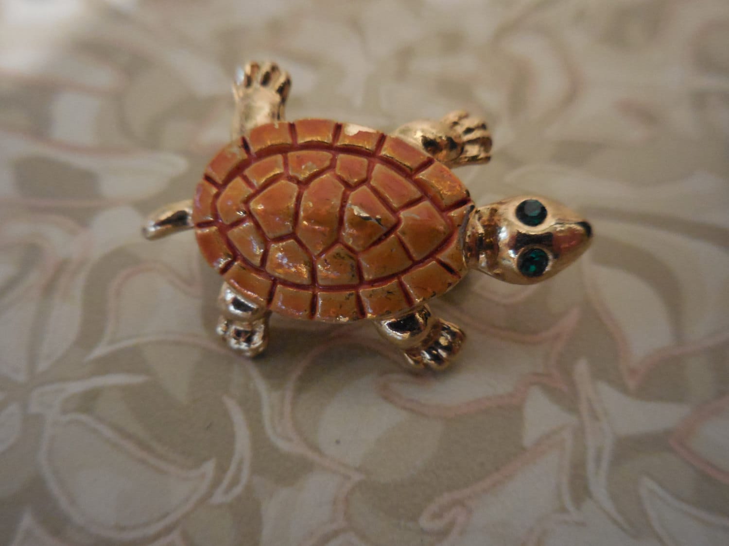 Vintage 1980s to 1990s Turtle Pin Gold Tone Green Eyes Enamel Brooch ...