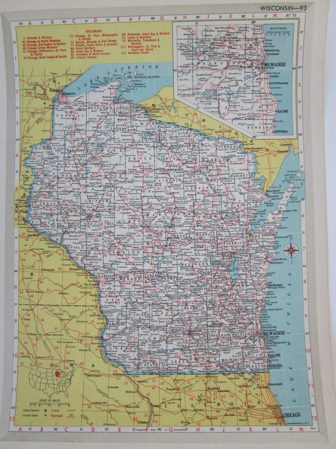 1951 WISCONSIN Railroad Map. 8x11. 1950s. CB&Q. Milwaukee