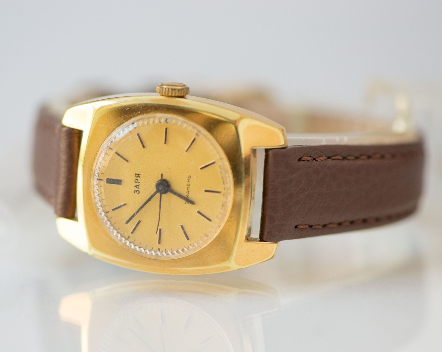 Modern gold plated women’s watch, Zarja\Dawn wrist watch rectangular ...