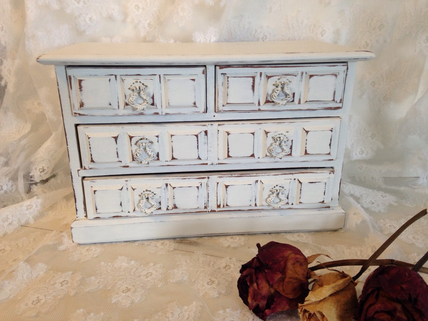 Vintage Wooden Jewelry Box….Distressed White Shabby Chic – Haute Juice