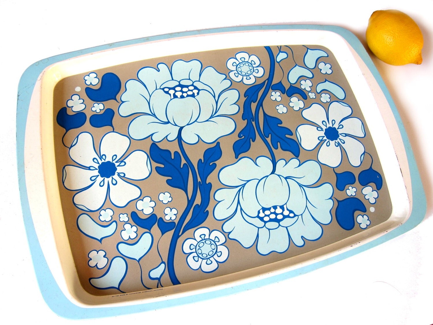 Vintage tray, flowers, blue, teal and petrol, Handiware, 1960s kitchen ...