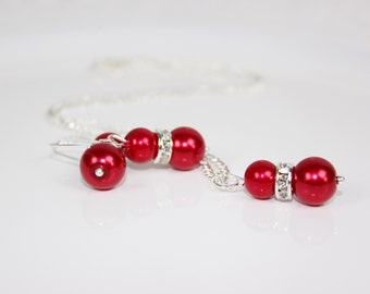 Bridesmaid Pearl Bright Red Jewelry Set Pearl Necklace, Pearl Earrings ...