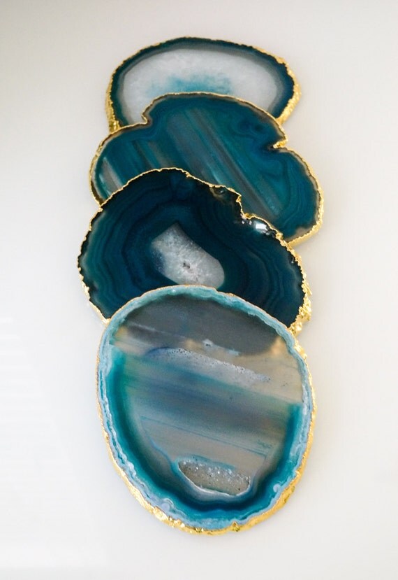 TEAL agate coasters. gem coasters. stone coasters. 4 coaster
