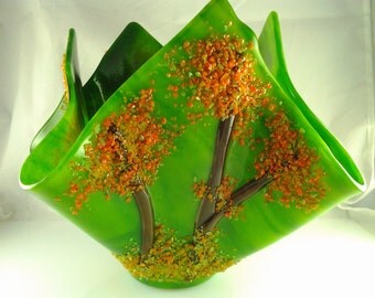 Fused Art Glass Vase, Autumn Trees Vase, Fall Green Woodland Art Glass ...
