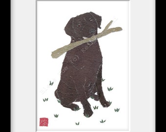 Chocolate Lab Art, Matted Print, Hand-Torn Newspaper Collage, Dog ...
